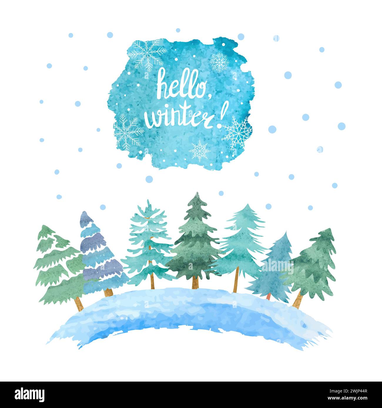 Winter trees vector illustration. Watercolor firs in blue colors ...