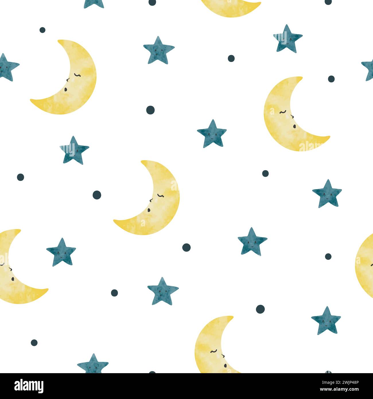 Moon and stars seamless pattern. Night sky, vector watercolor ...
