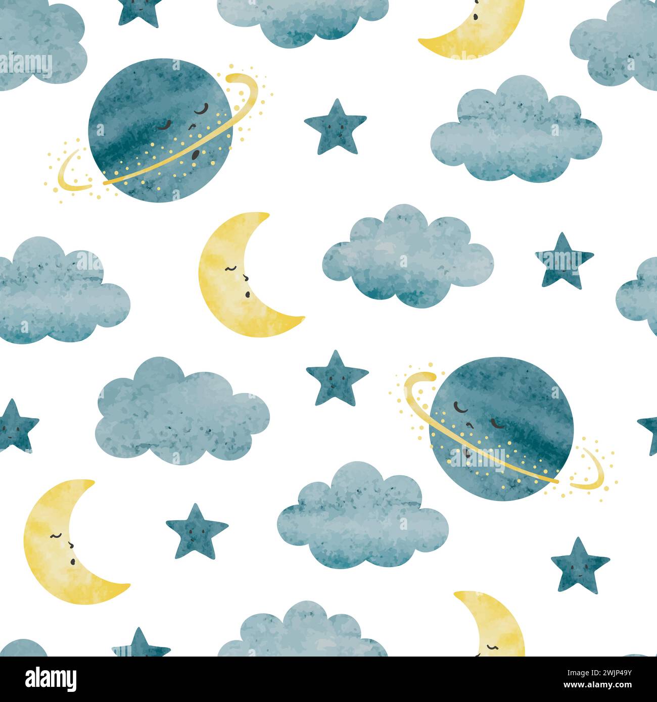 Seamless baby pattern with cute watercolor planets. moon, stars and ...