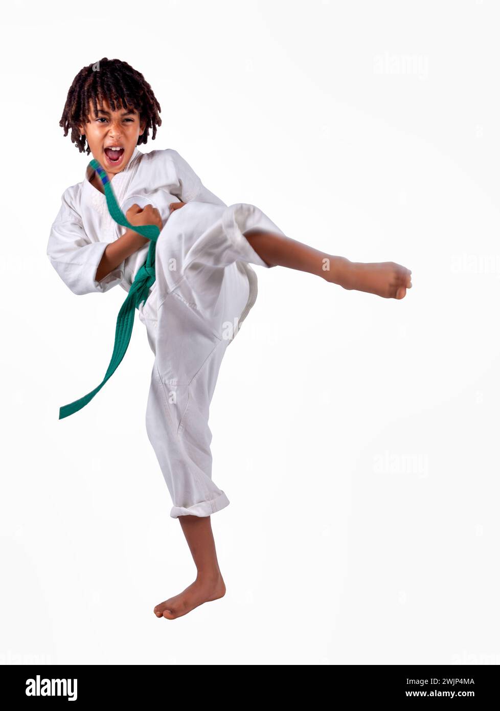 african american boy in karate suit training, uniform karate gi ...