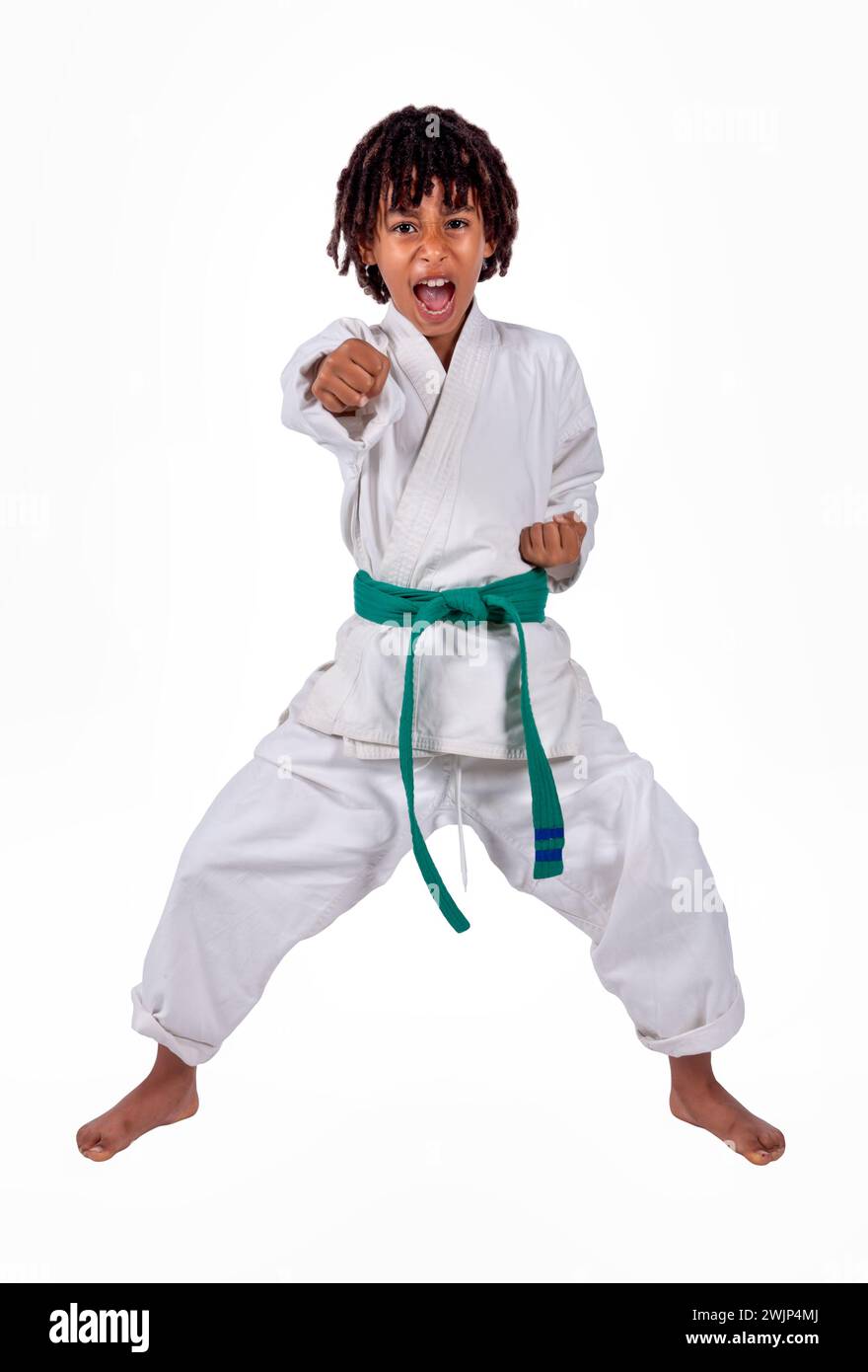 african american boy in karate suit training, uniform karate gi ...