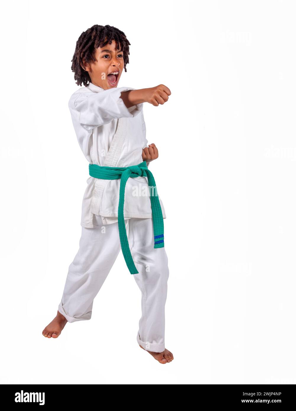 african american boy in karate suit training, uniform karate gi ...
