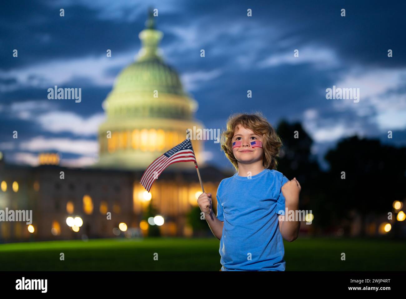 Election day for US Citizens. Child boy Vote with US flag near capitol ...