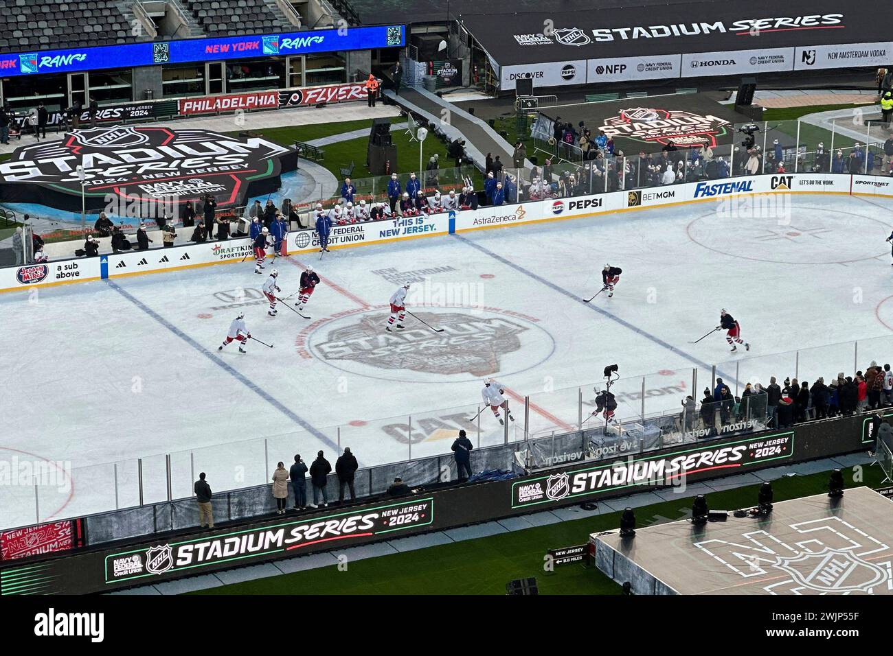 The New York Rangers practice on the outdoor rink, Friday, Feb. 16, 2024, at MetLife Stadium in ...