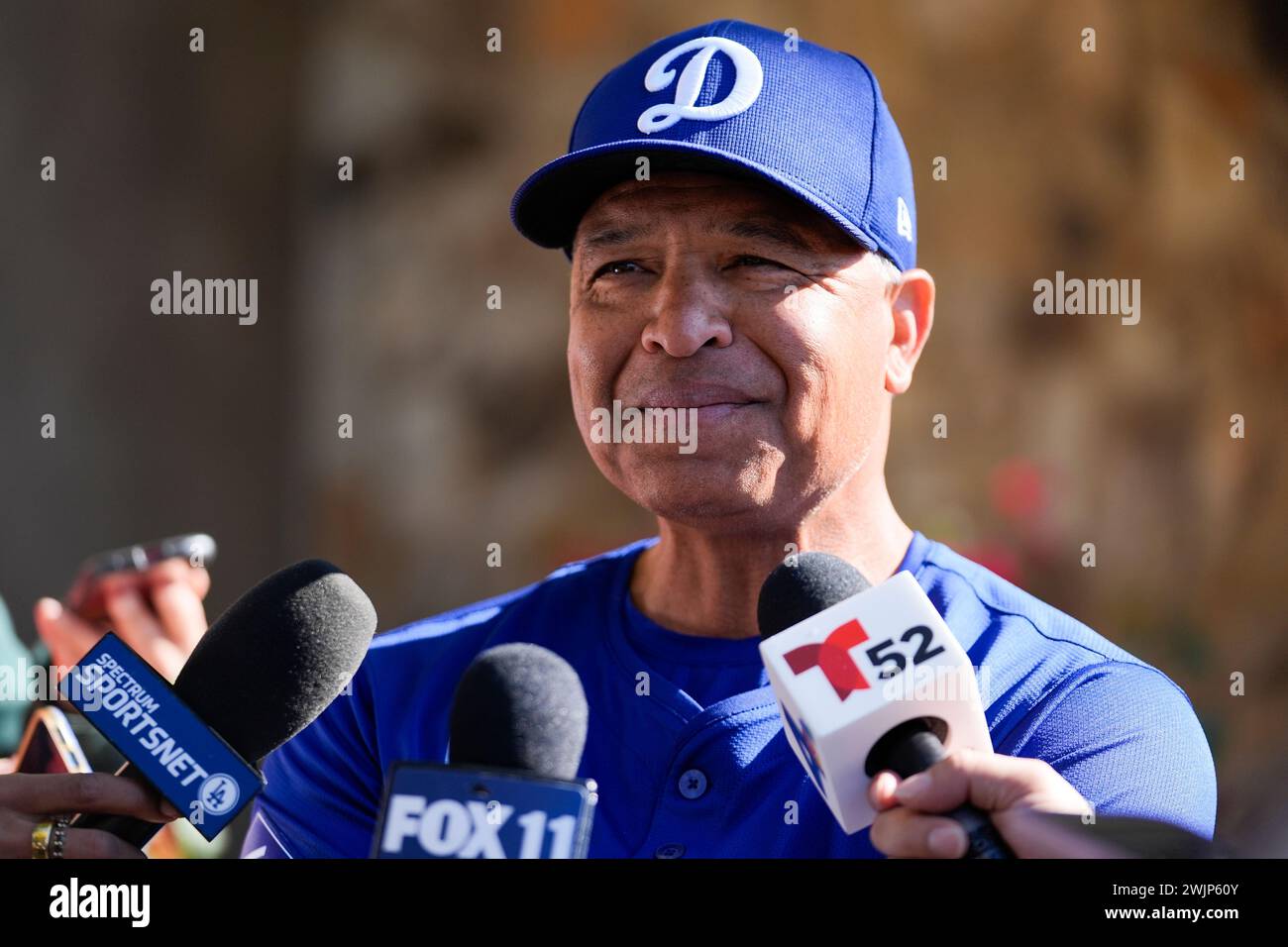 Los Angeles Dodgers manager Dave Roberts speaks to reporters during ...