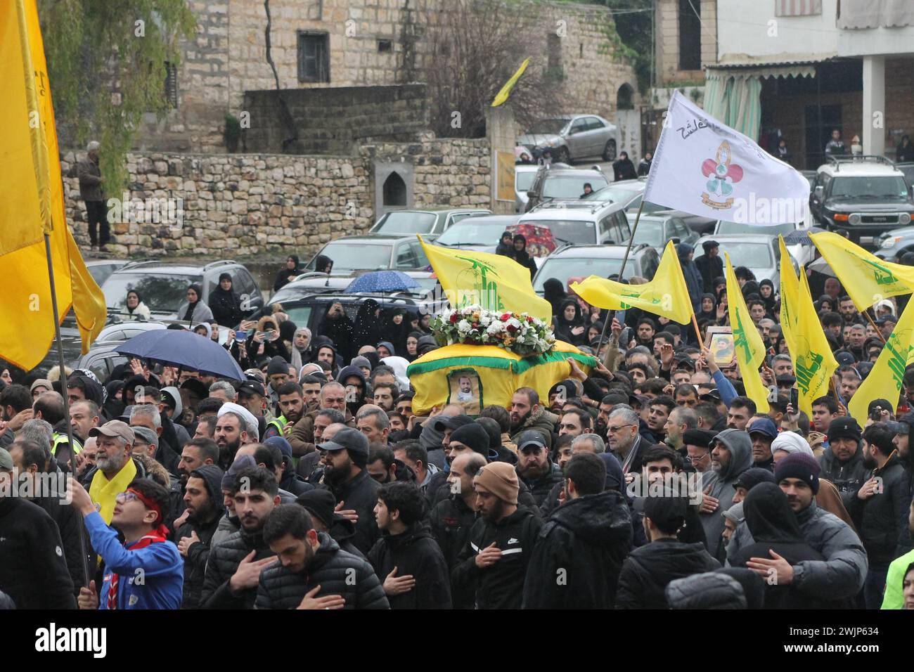 Nabatieh, Lebanon. 16th Feb, 2024. Supporters attend the funeral of a ...