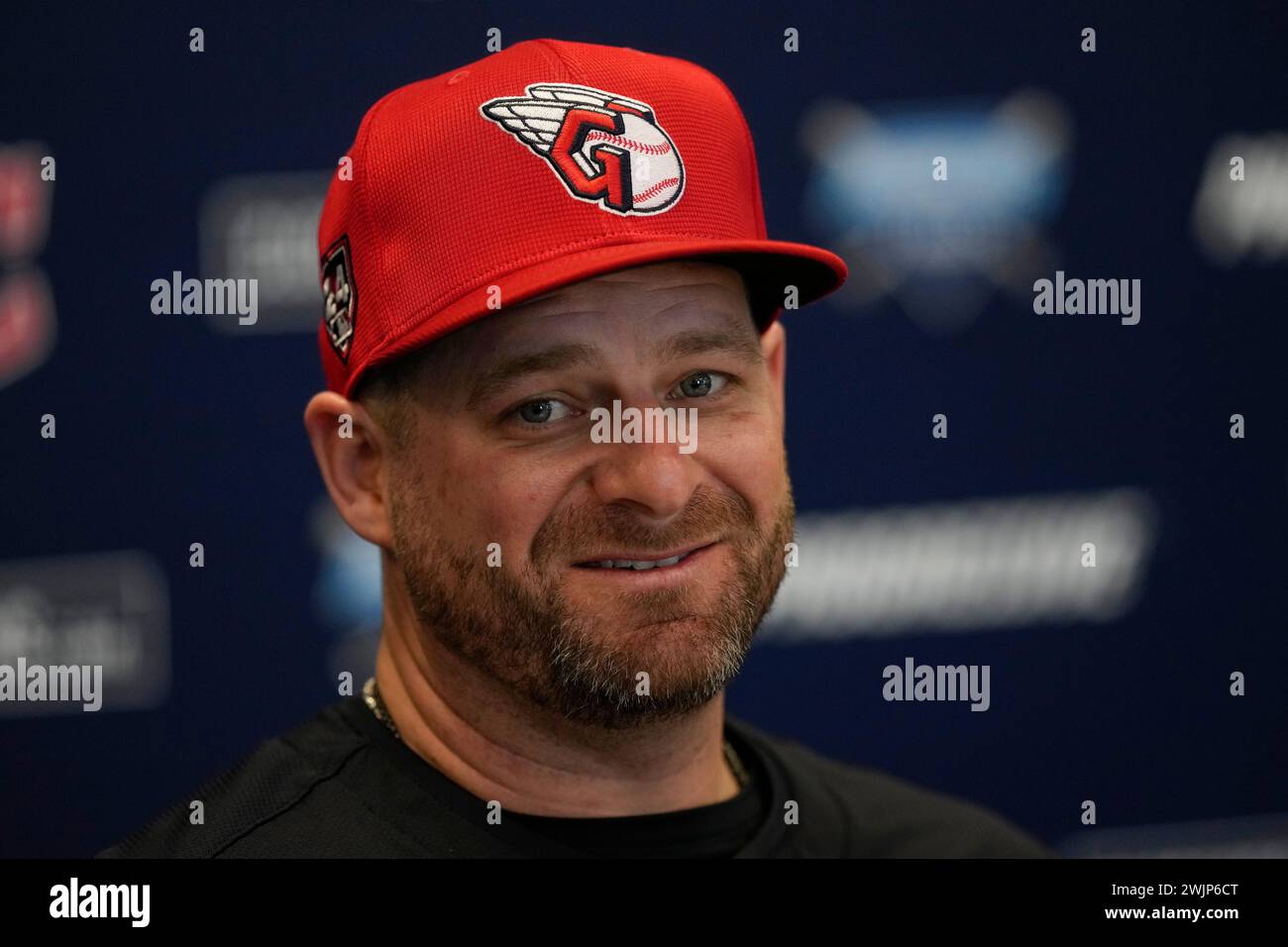 Cleveland Guardians manager Stephen Vogt speaks to media during spring ...