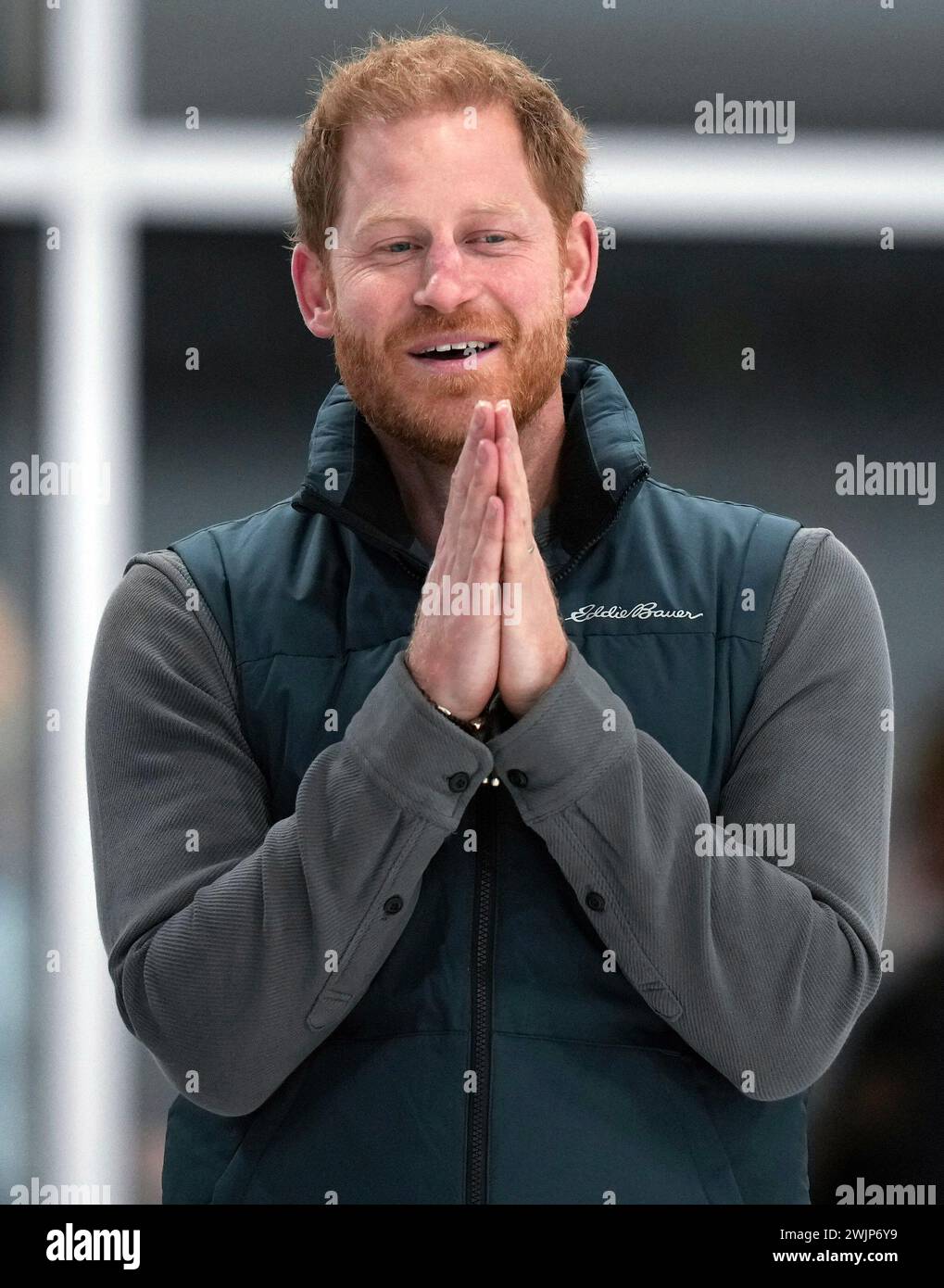 Prince Harry, the Duke of Sussex, gestures while watching a shot during ...