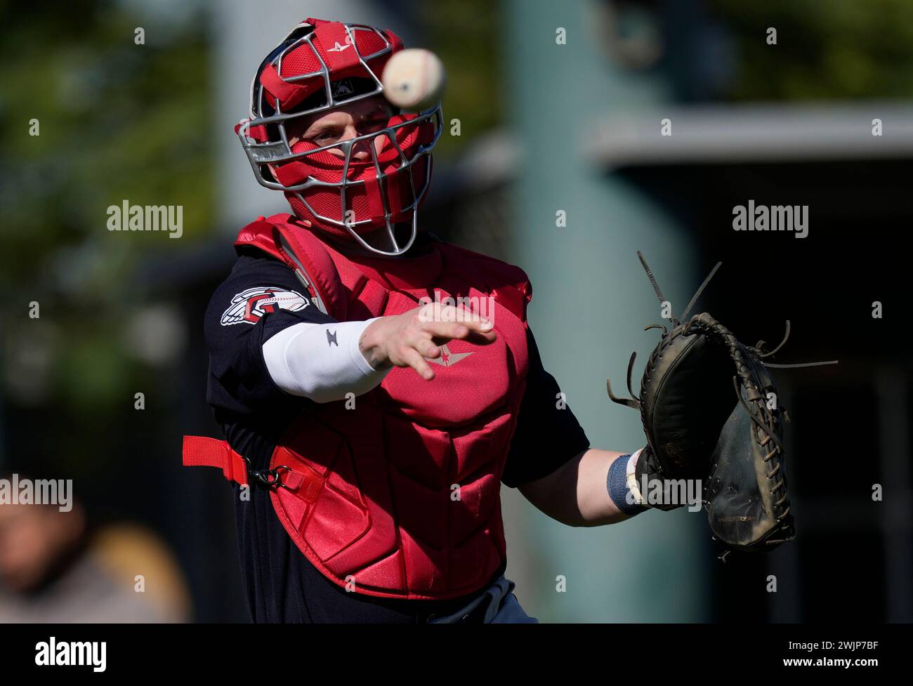 Cleveland Guardians catcher Cooper Ingle throws to first base during ...
