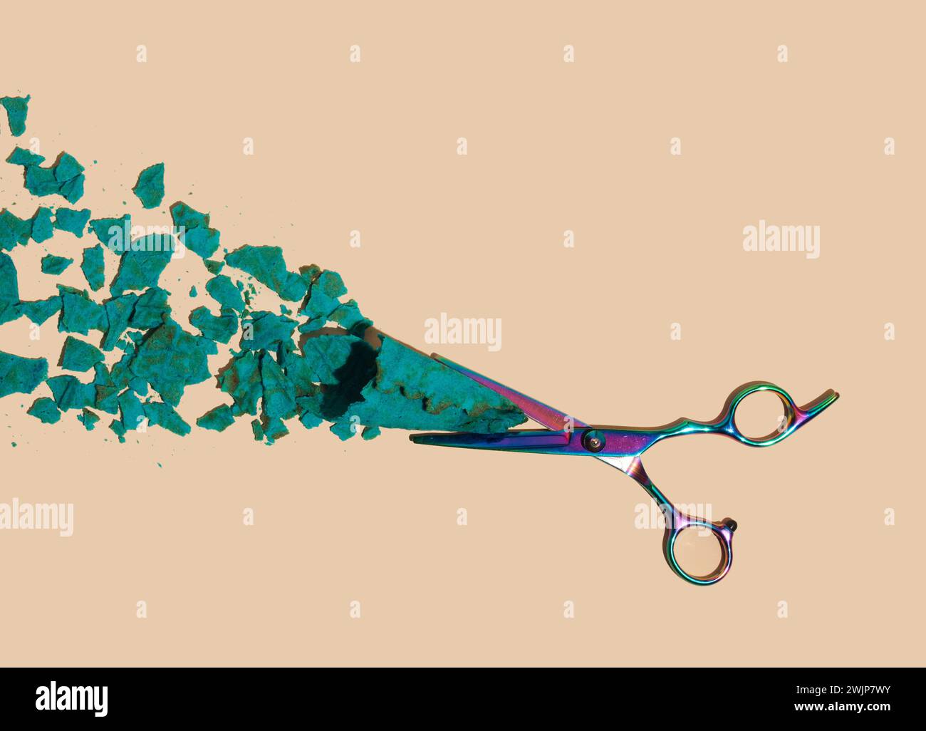 Scissors and broken blue ice cream cone on pink background. Flat lay ...