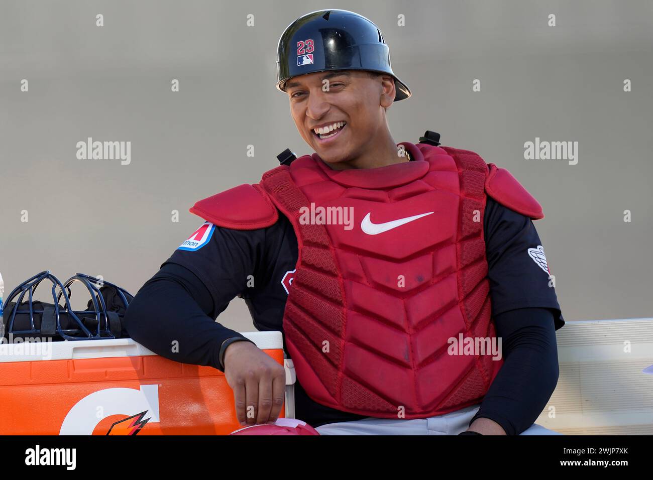 Cleveland Guardians catcher Bo Naylor sits near the bullpen during ...