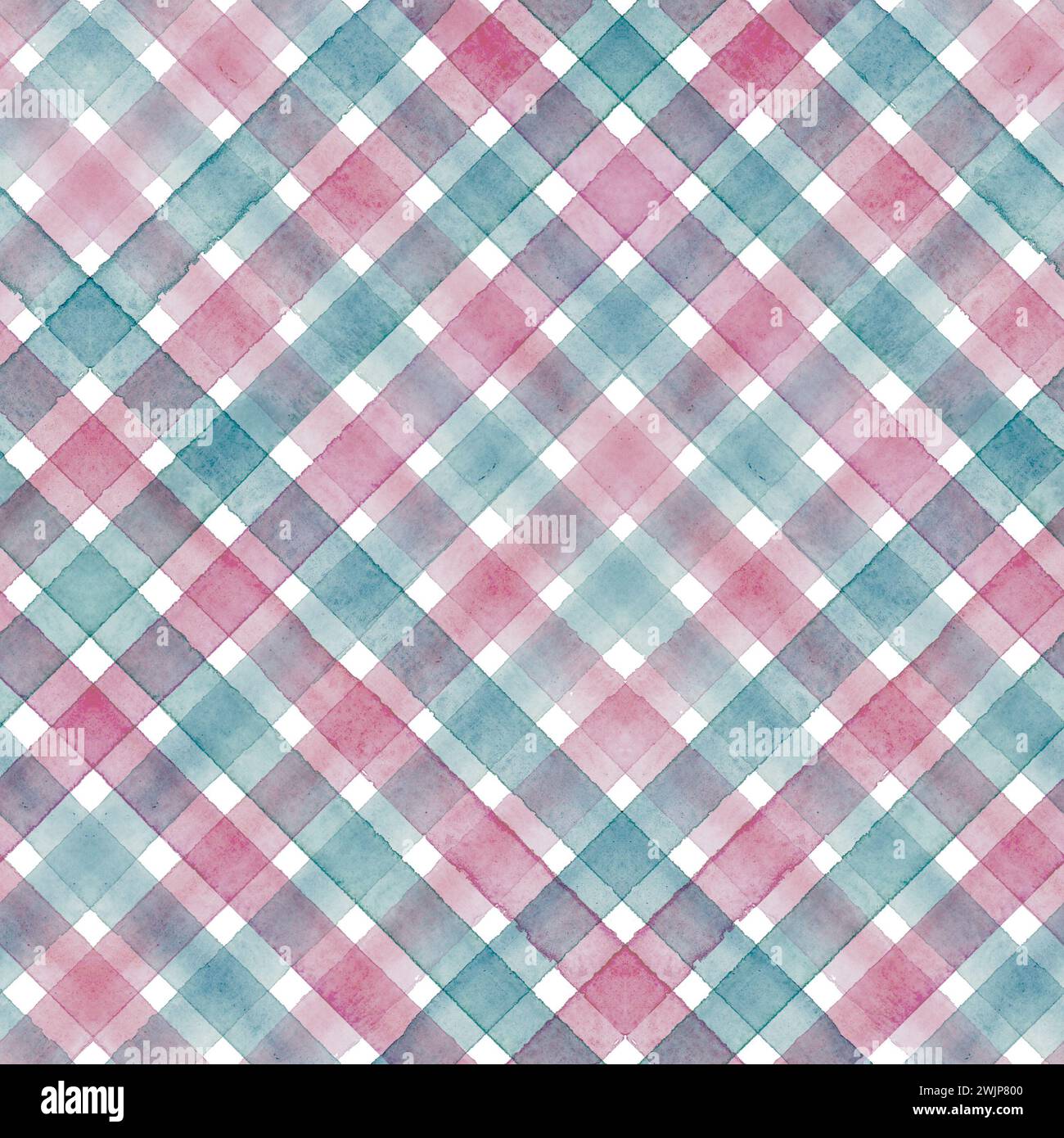 Watercolor gingham stripe plaid seamless pattern. Color red and teal ...