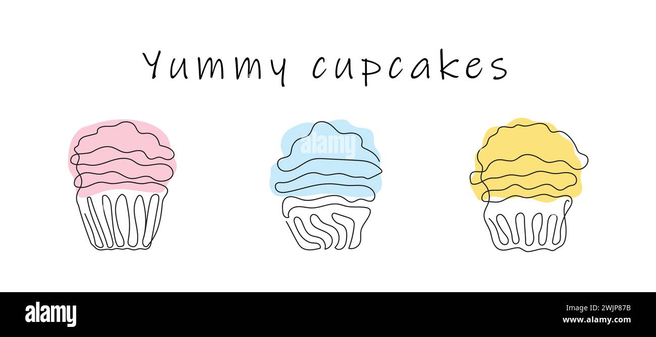 Set of colorful cupcakes in style of continuous one line drawing with text Yummy Cupcakes ...