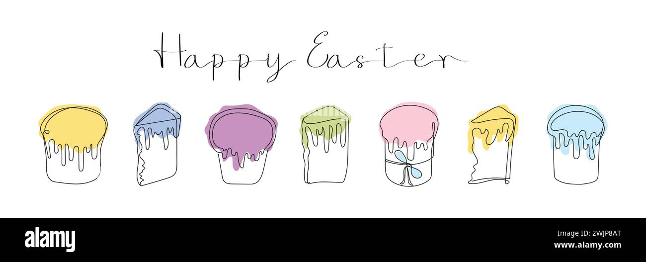 Set of colorful Easter Kulich cakes with icing. With text Happy Easter. Continuous one line ...