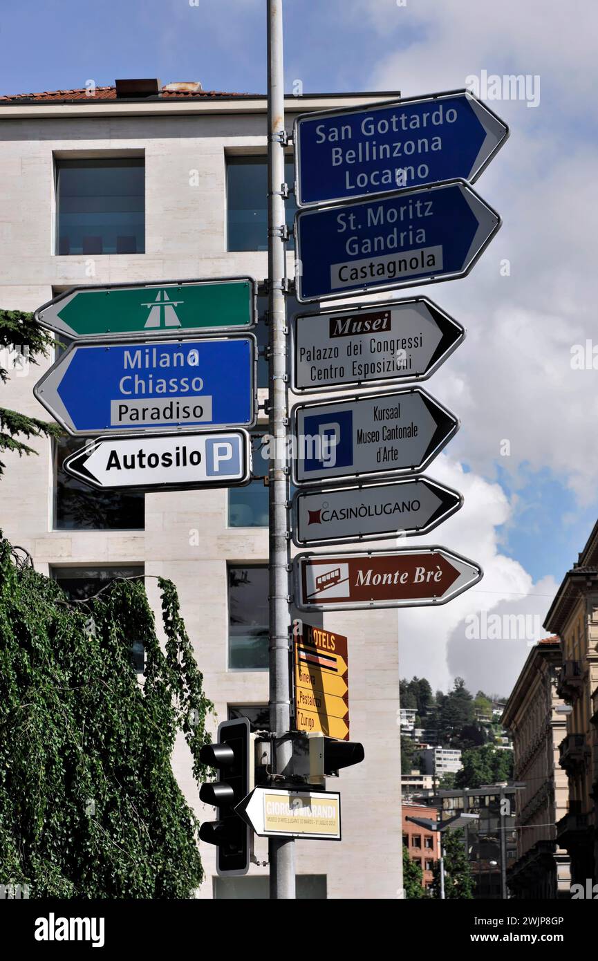 Road signs, Lugano, on Lake Lugano, Lago di Lugano, Canton Ticino ...