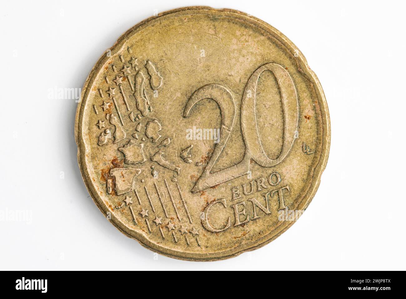 Close-up of the front of a used 20 cent coin, white background Stock ...