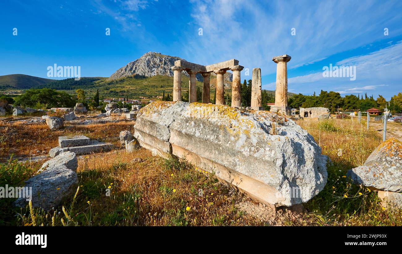 Archaic Temple of Apollo, Doric columns, Extensive ancient site with column remains, surrounded ...