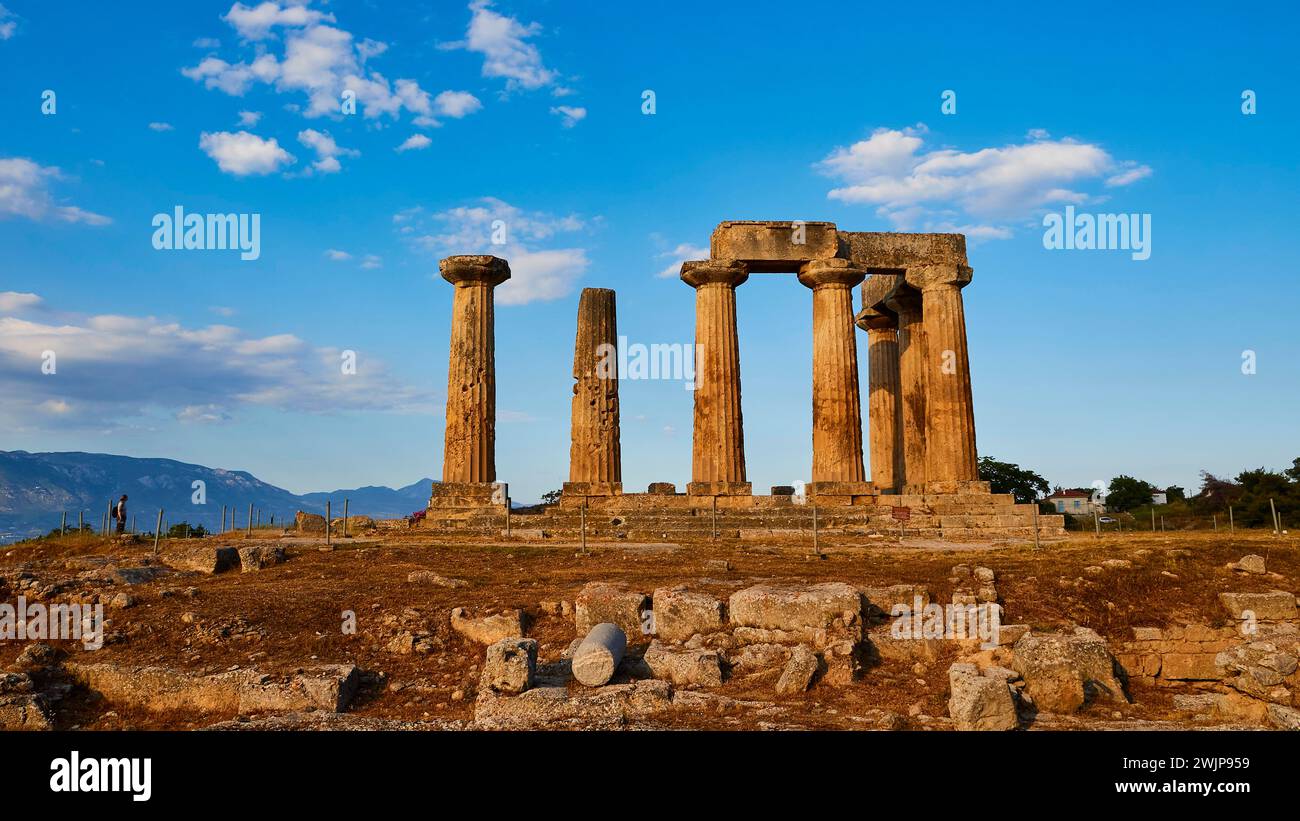 Archaic Temple of Apollo, Doric columns, Sunset light illuminates the ...