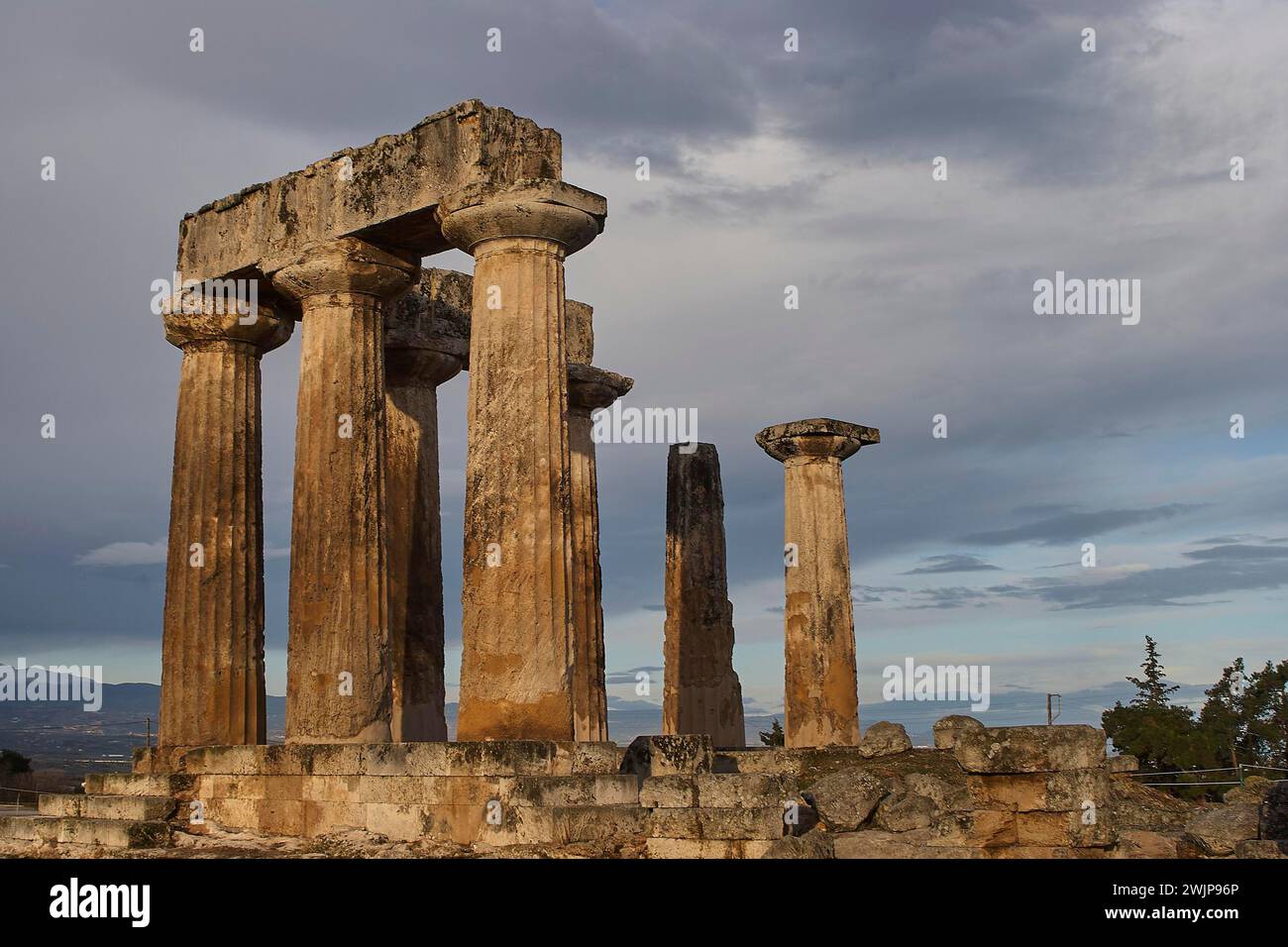 Archaic Temple of Apollo, Doric Columns, Ancient Greek columns stand tall under a dramatic ...