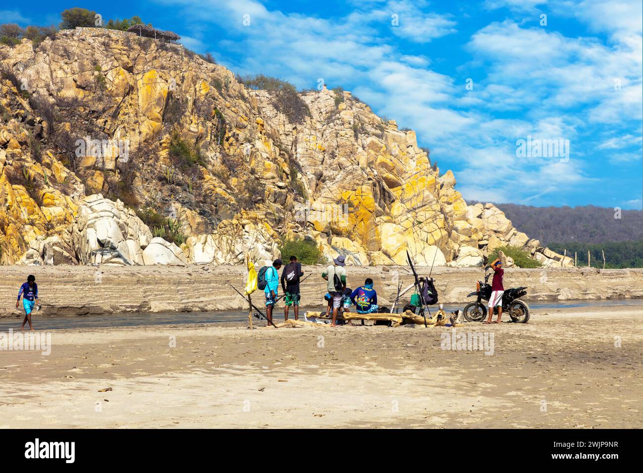 Local fishermen at Rio Copalita, La Bocana beach, Baja de Hualtulco ...