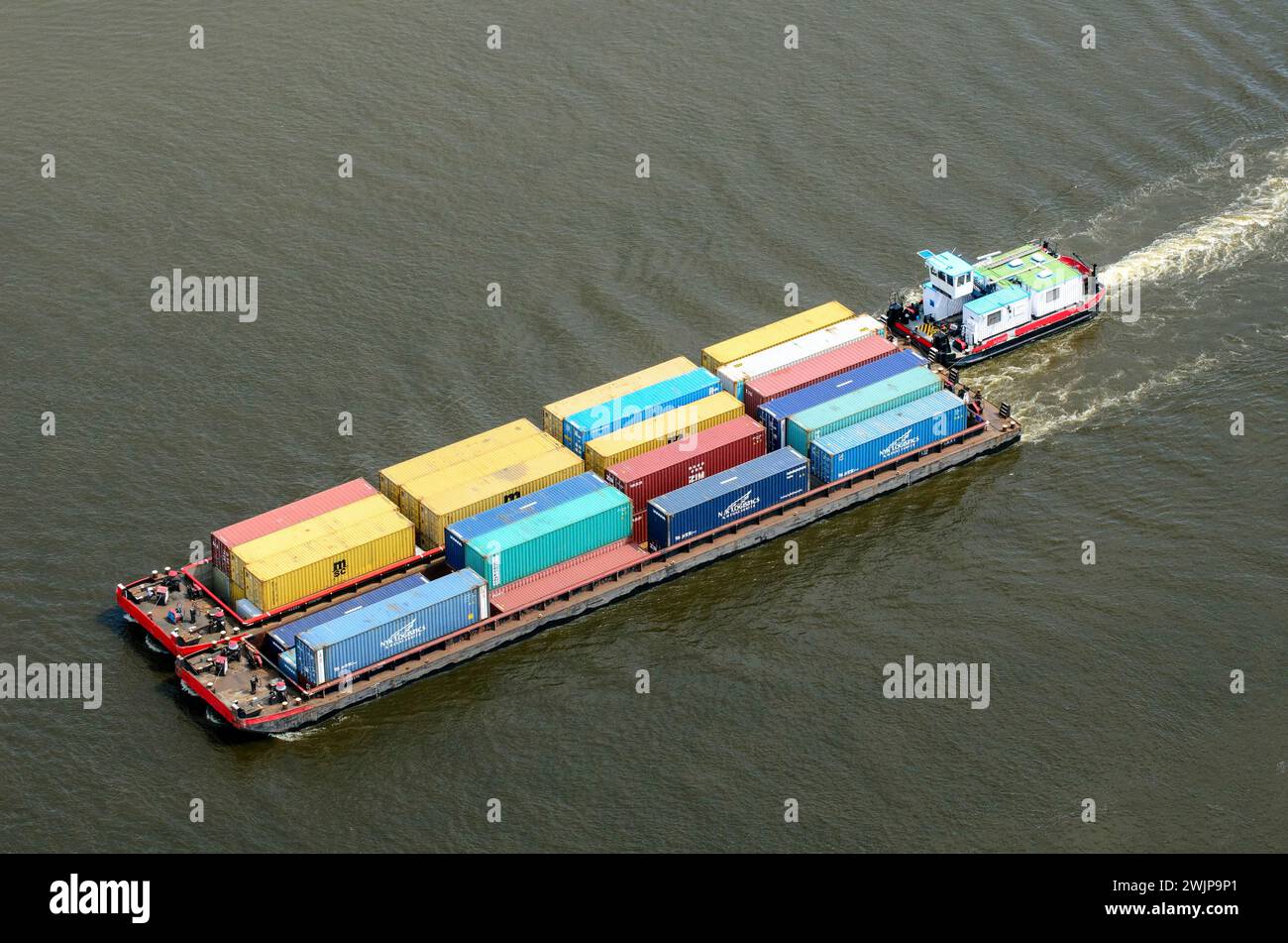 Aerial view, pushed convoy, pushed barge. barge, container, container ...