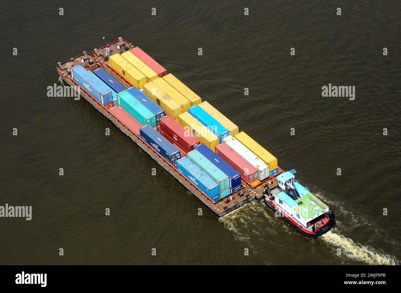 Aerial view, pushed convoy, pushed barge. barge, container, container ...