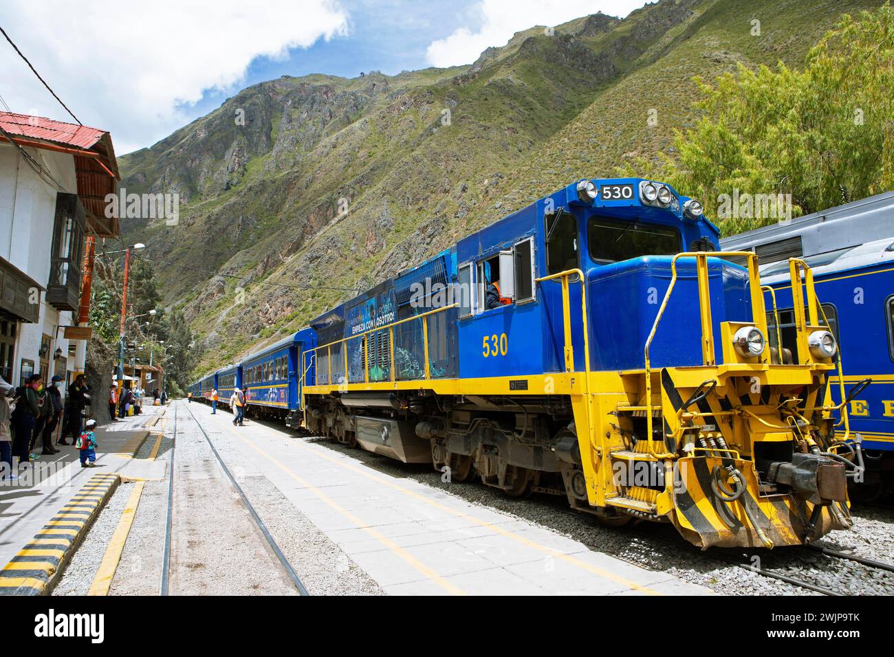 Perurail train travelling through the Andes from Ollantaytambo to Machu ...