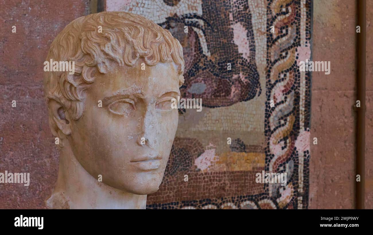 Classical portrait of an ancient marble bust, head of a young man ...
