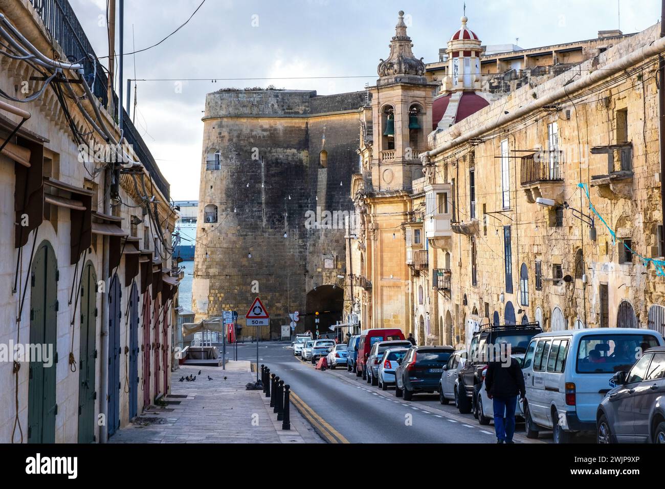 Cars parked along the old fortified walls of Valletta, Malta Stock ...