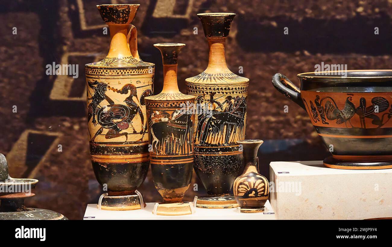 Greek ceramic vases with ornamental patterns in a museum ...