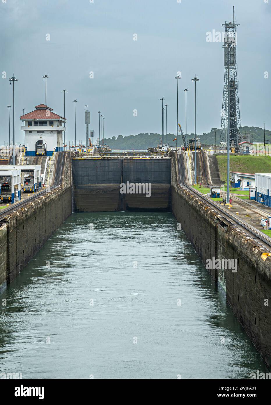 Panama Canal, Panama - July 24, 2023: In Gatun locks 2nd chamber going ...