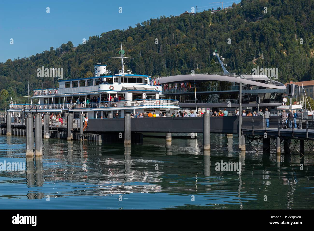Bregenz on Lake Constance, harbour with excursion boats, tourists ...