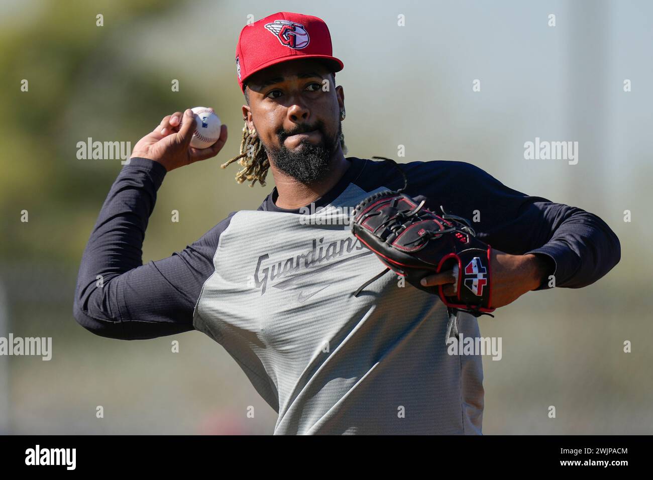 Cleveland Guardians pitcher Emmanuel Clase throws during spring ...
