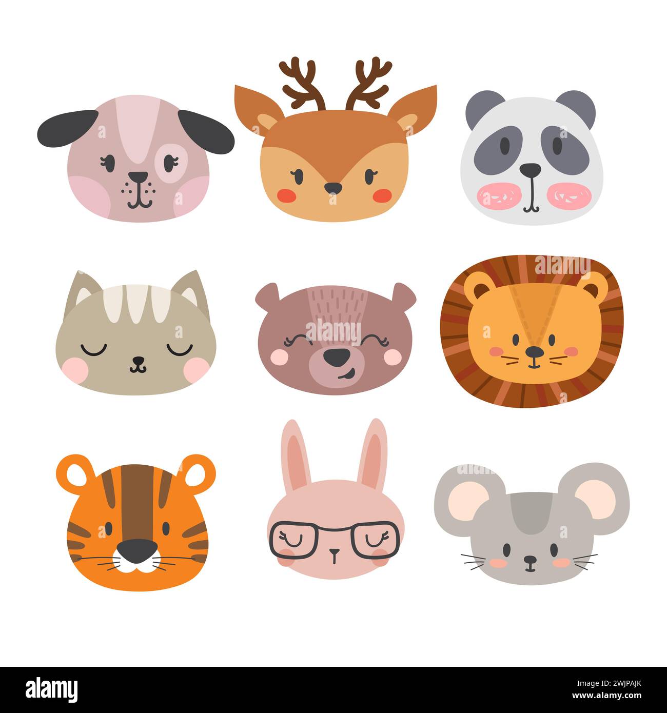 Set of cute hand drawn smiling animals. Cat, lion, panda, dog, tiger ...