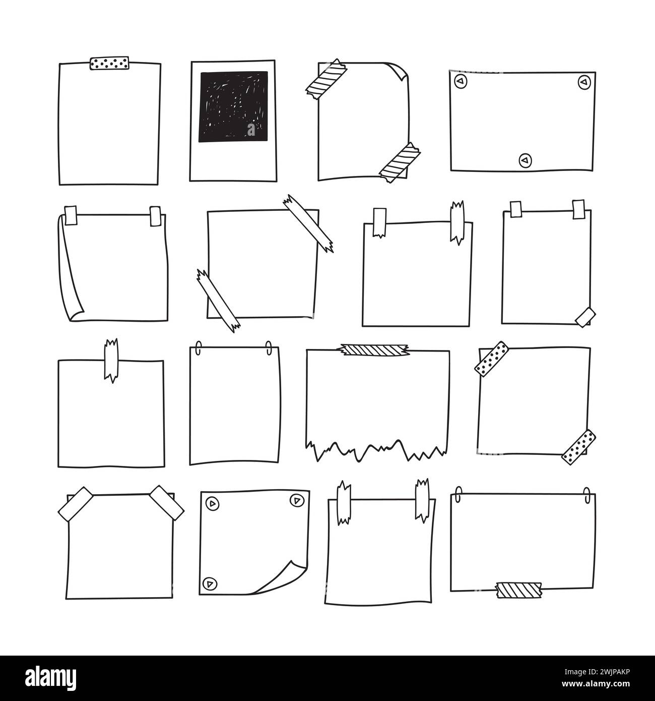 Set of hand drawn paper notes. Notepapers and photo frame. Sketch ...