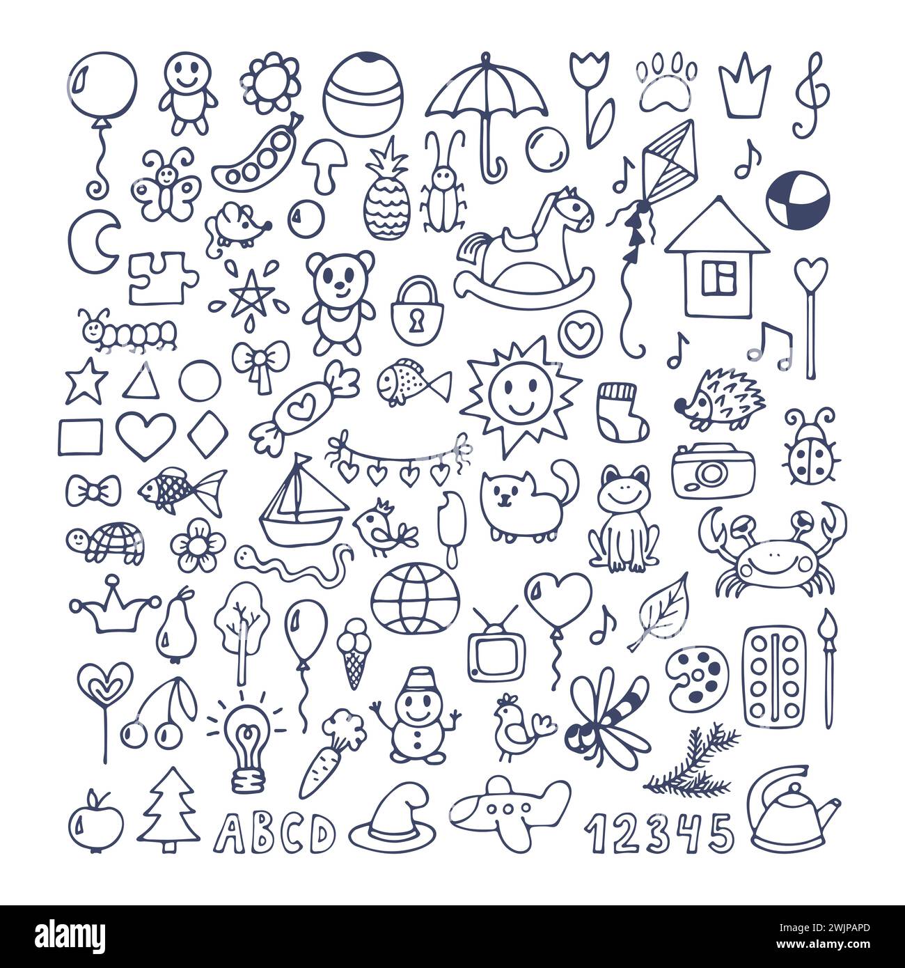 Collection of hand drawn cute doodles. Doodle children drawing. Sketch ...