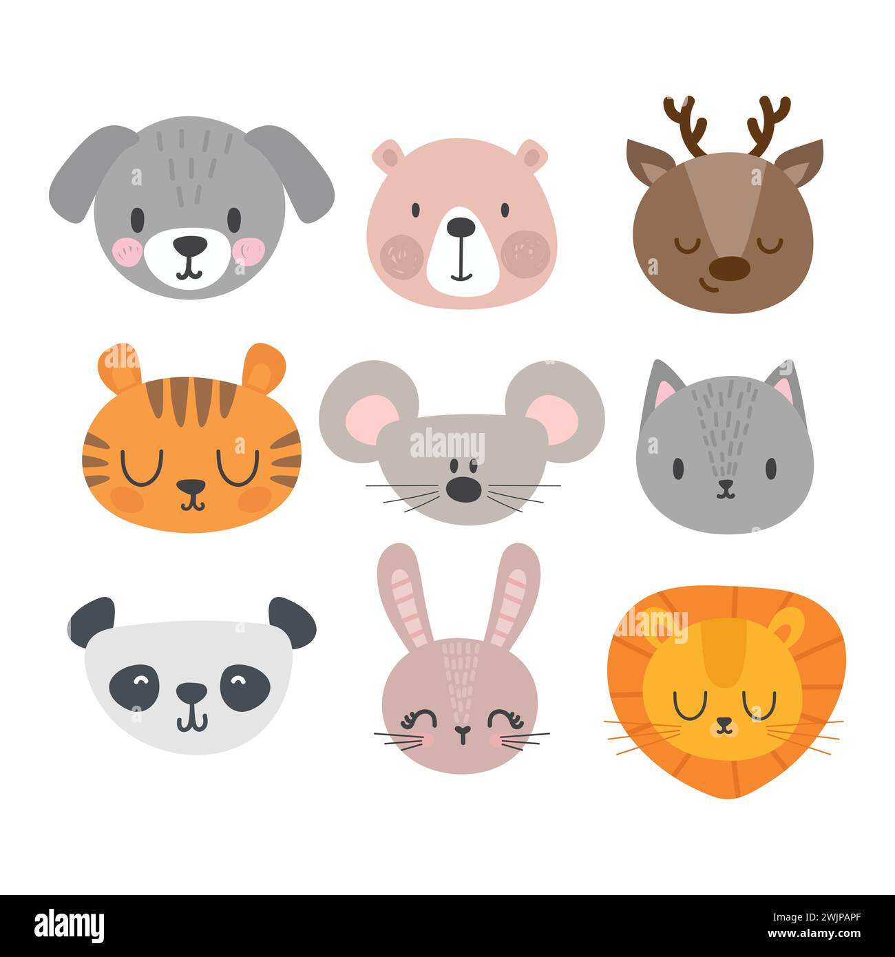 Set of cute hand drawn smiling animals. Cat, deer, panda, tiger, dog ...