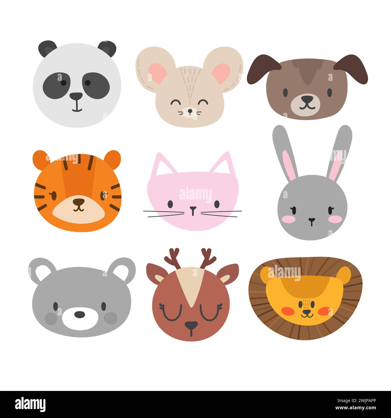 Set of cute hand drawn smiling animals. Cat, bunny, panda, lion, tiger ...