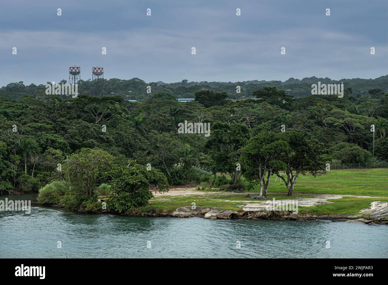 Panama Canal, Panama - July 24, 2023: Shore approaching Gatun locks ...