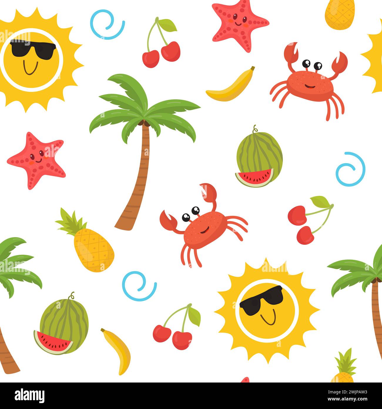 Colorful summer seamless pattern with sun, crab, starfish, palm ...
