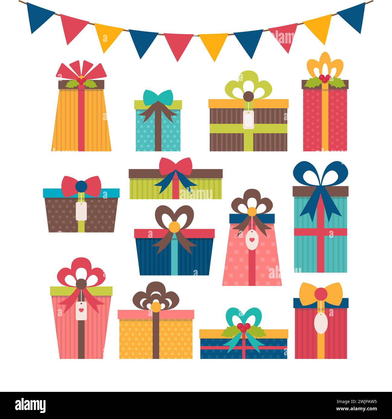 Set of different gift boxes. Colorful wrapped gift boxes. Birthday ...