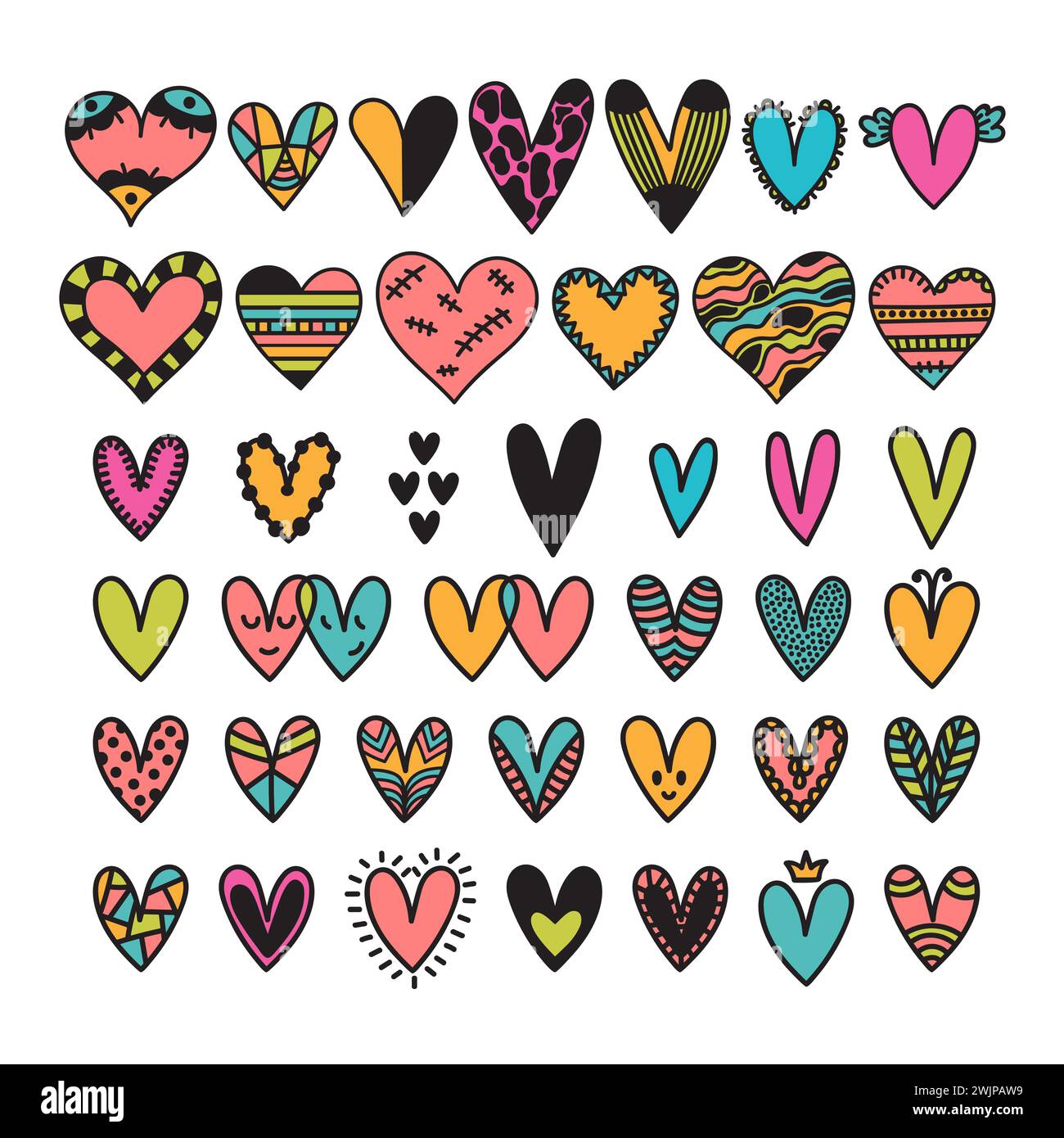 Hand drawn set of colored hearts. Sketch collection for wedding or ...