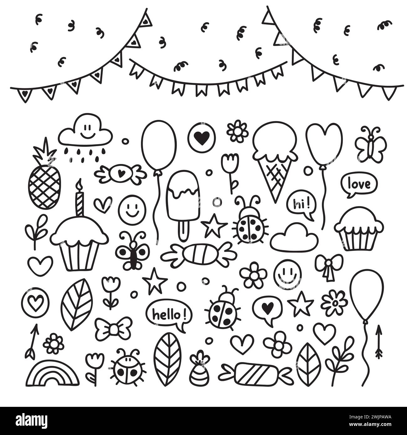 Hand drawn design elements. Party set of celebration objects. Doodle ...