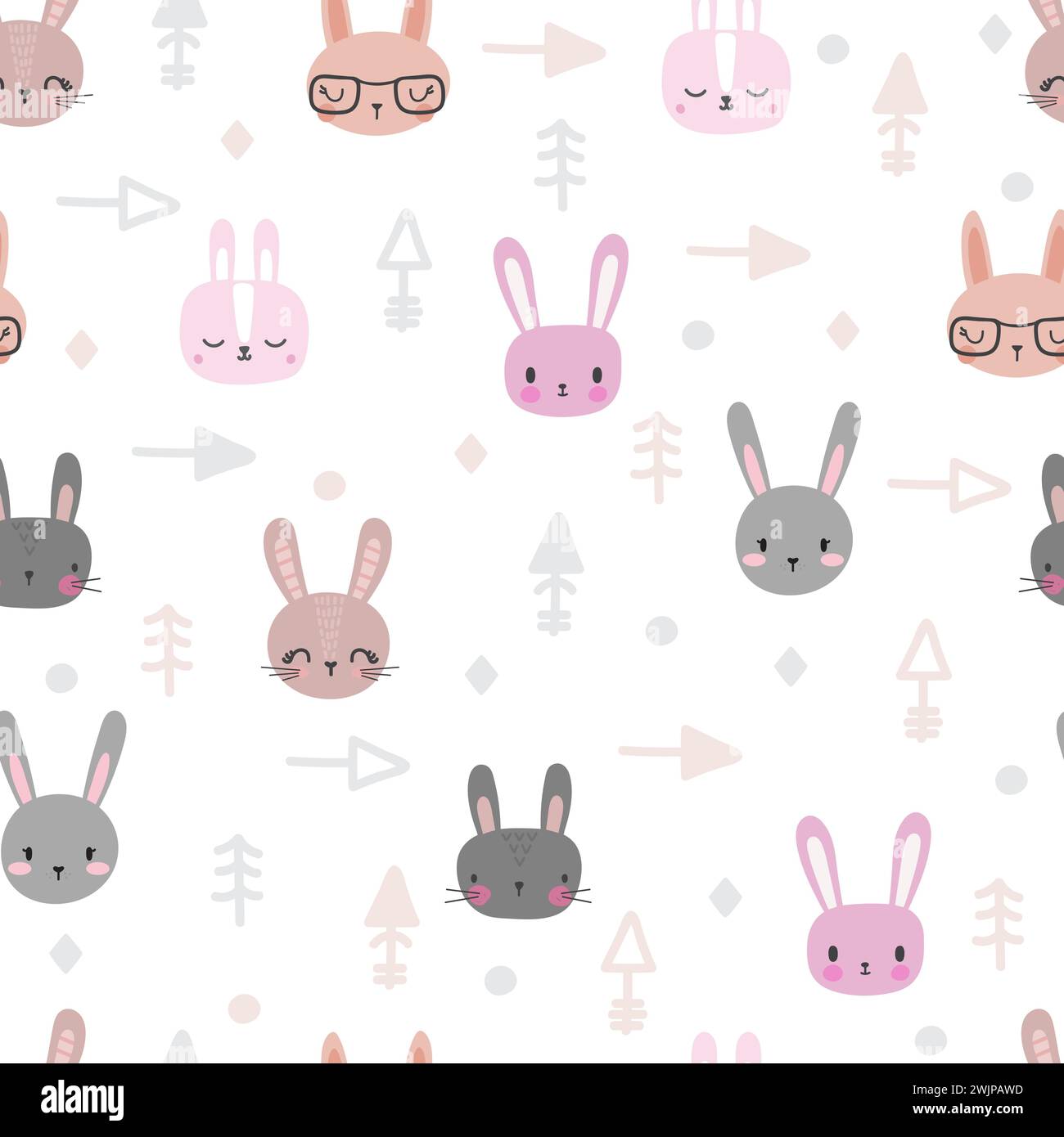 Tribal seamless pattern with cartoon rabbits. Abstract geometric art ...
