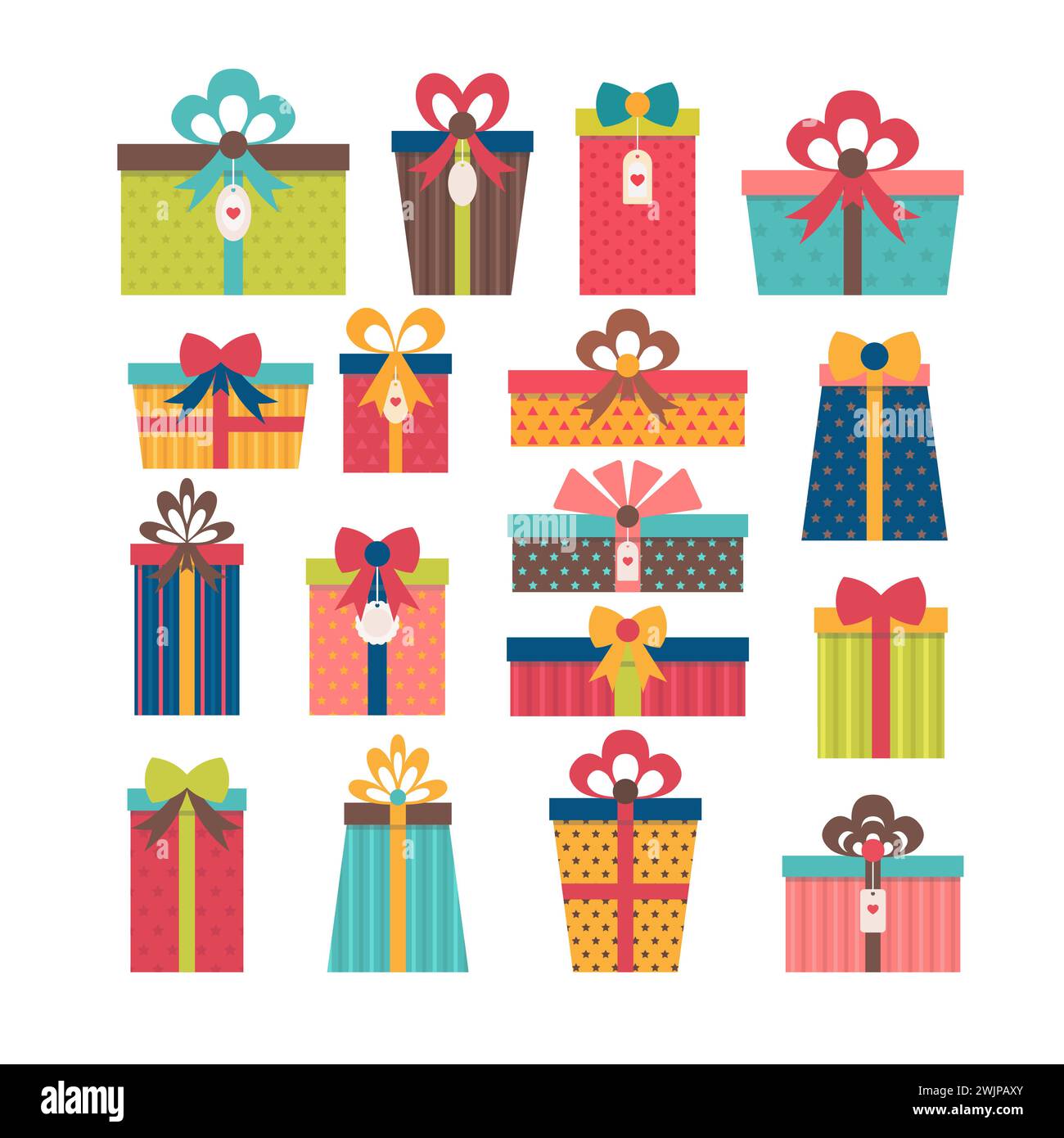 Set of different gift boxes. Flat design. Colorful wrapped gift boxes ...