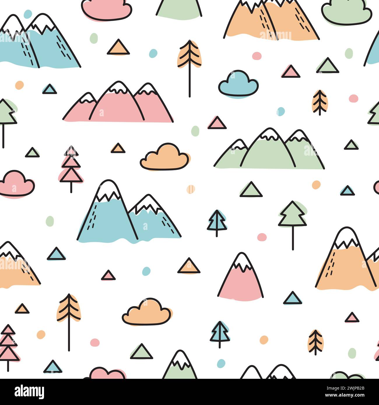 Hand drawn seamless pattern with trees and mountains. Creative ...