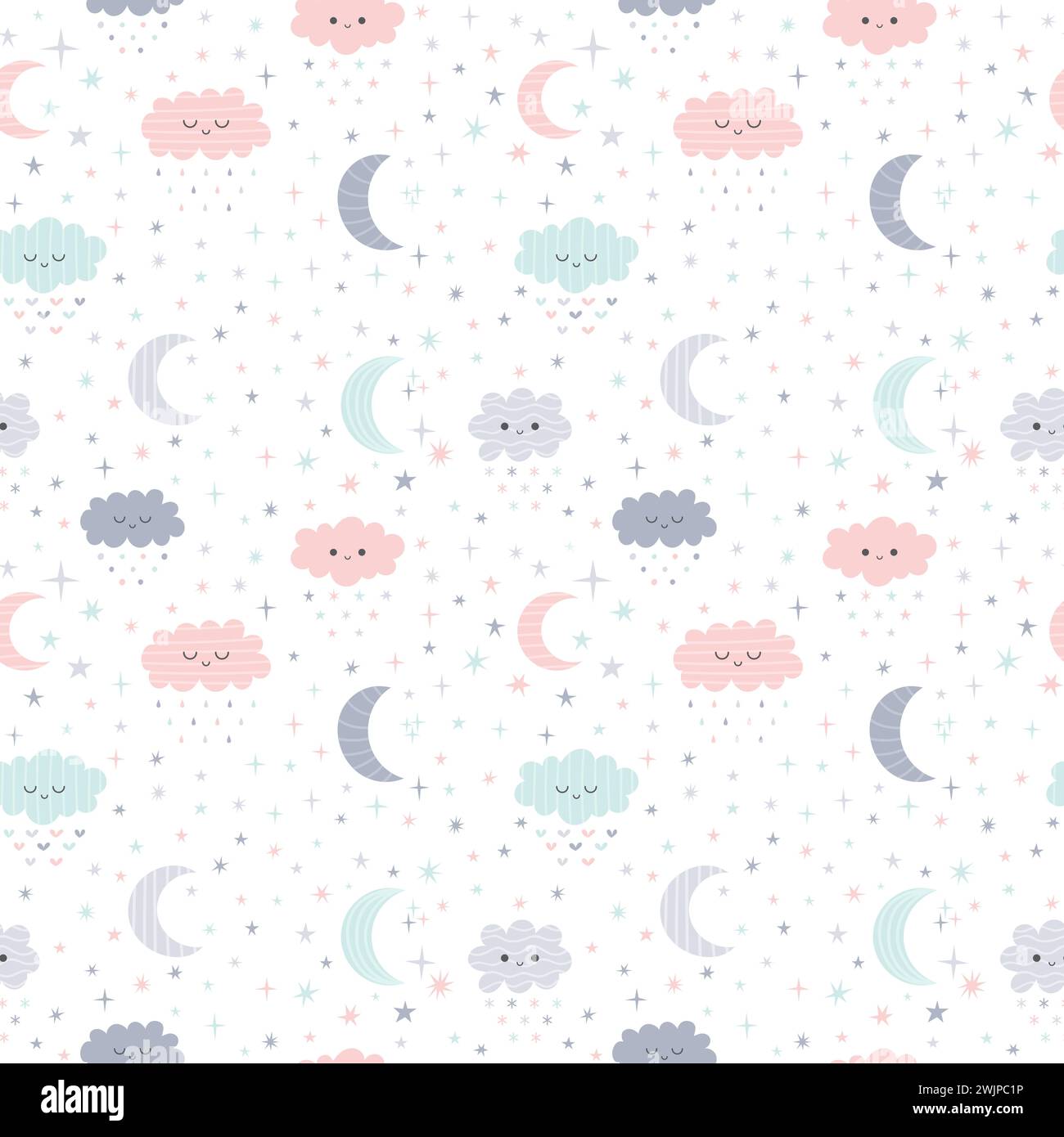 Cute hand drawn seamless pattern with smiling clouds and moon with ...