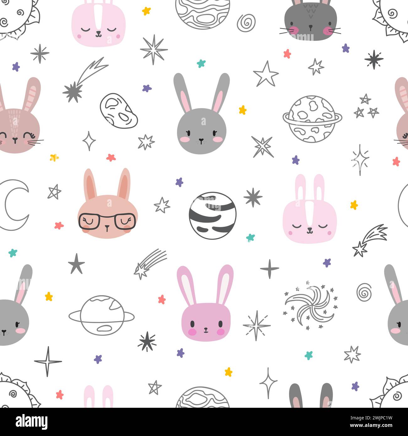 Cute space seamless pattern with cartoon bunnies. Abstract print with ...