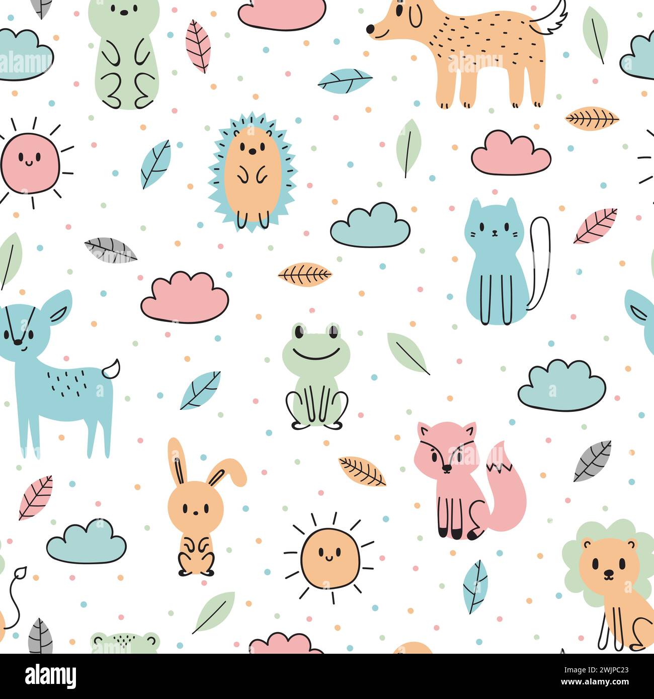 Cute seamless pattern with hand drawn animals. Trendy cartoon ...