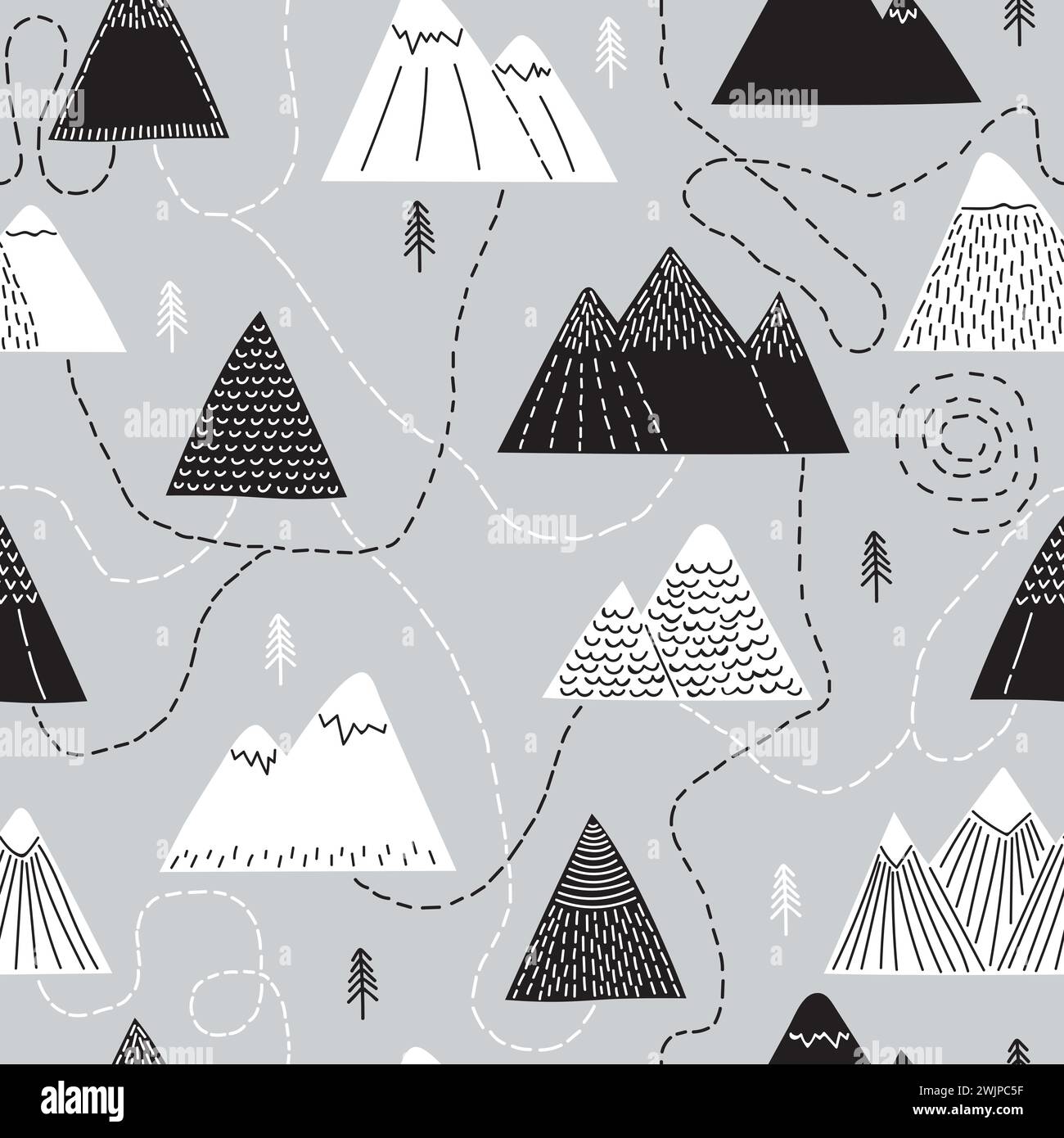 Cute hand drawn seamless pattern with trees and mountains. Creative ...